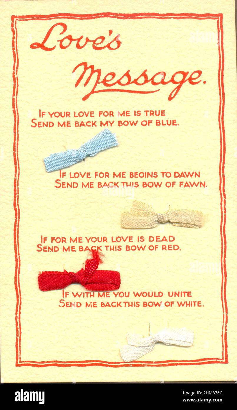 Greetings card titled Love's Message with four ribbon attachments ...