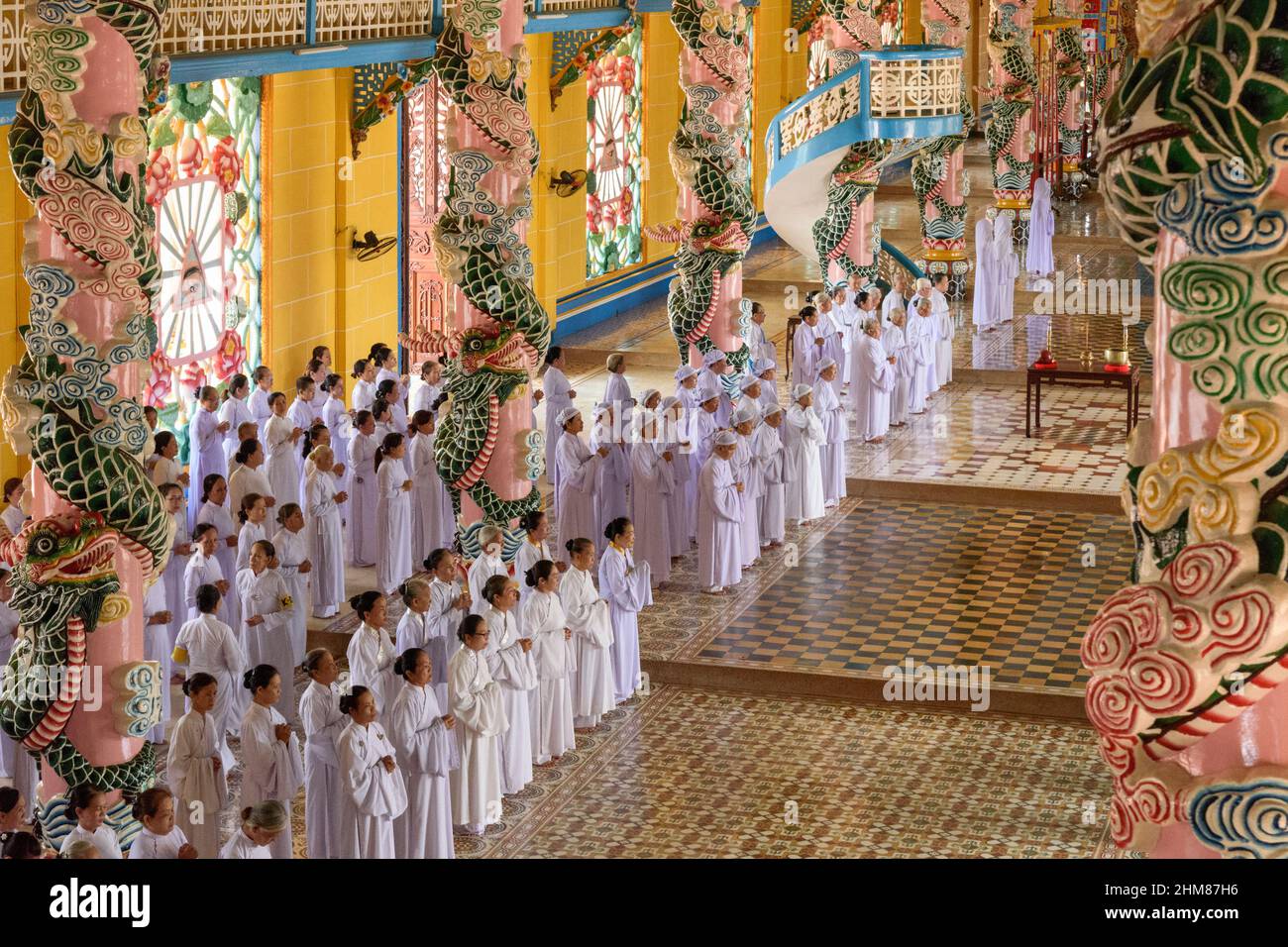 Caodaist worshippers at the Cao Dai Temple, Long Than village, Tay Ninh ...