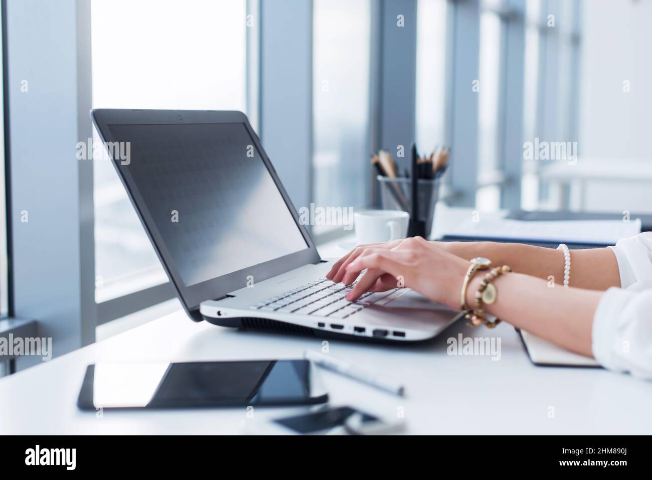 Side view picture of female hands typing, using pc in a light office ...