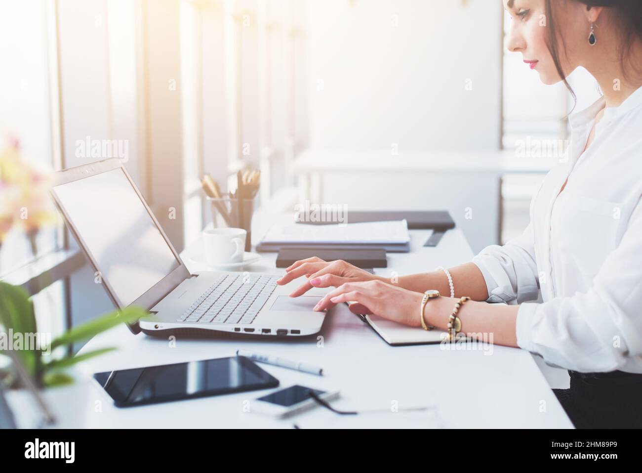 Attractive female assistant working, typing, using portable computer ...