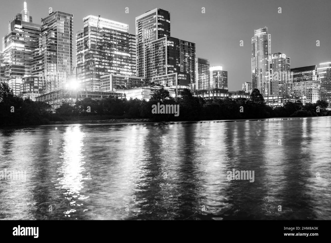 View of Austin, Texas in USA downtown skyline. Night golden sunset city ...