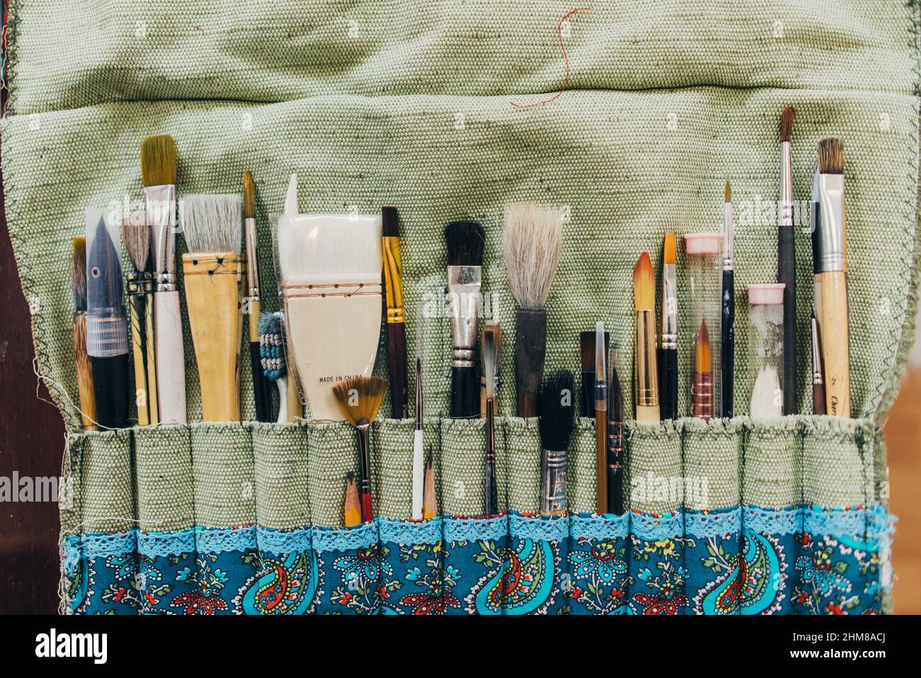 Brushes. Paintbrush collection top view. Artists workplace Stock Photo ...