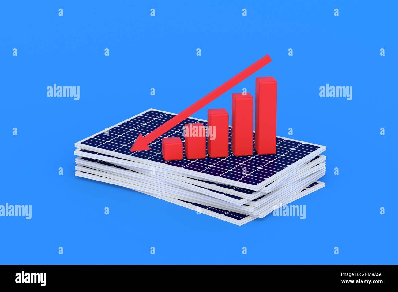 Heap of solar panels near graph. Negative growth dynamics, construction ...