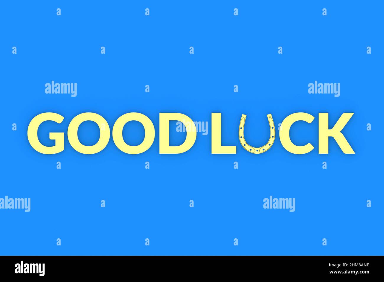 Word good luck with golden horseshoe on a blue background. 3d render ...