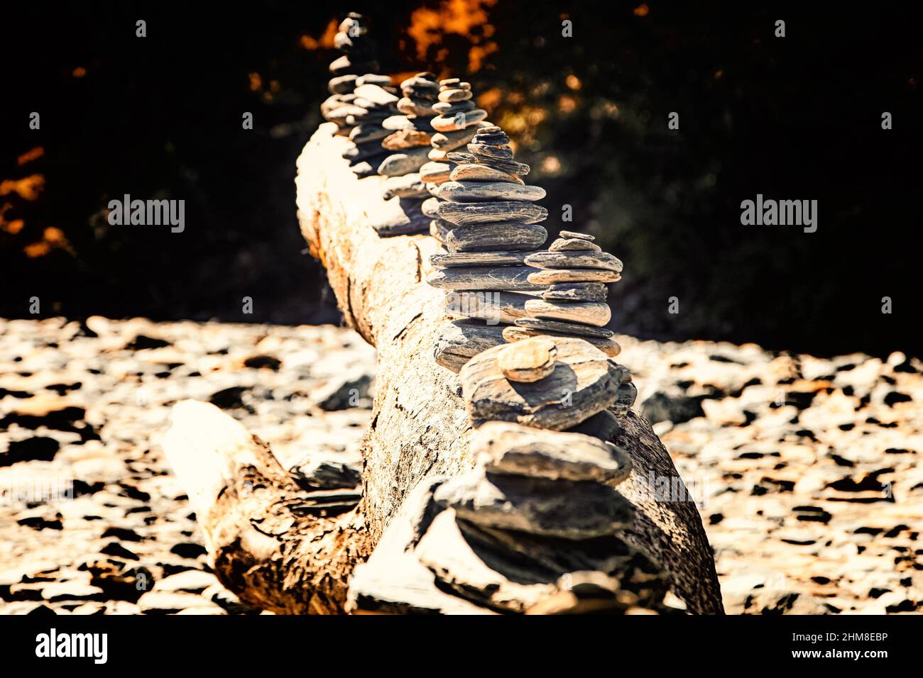Stacked stones on an old tree trunk in a rock river bed during autumn ...
