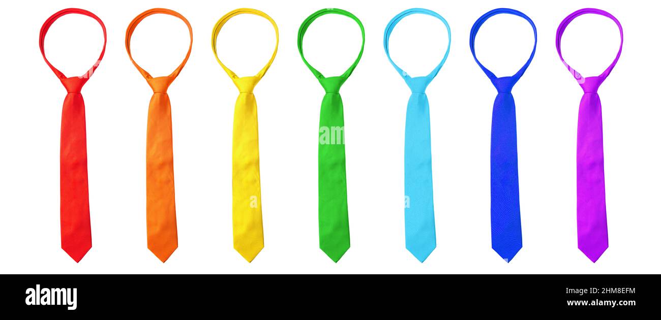 Set of seven rainbow colored tied neckties isolated on white background ...