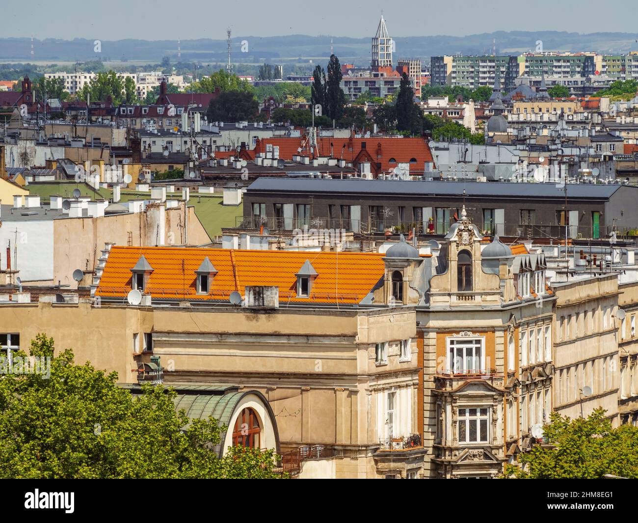 panoramic view from above of old european polish city of Wroclaw, old ...