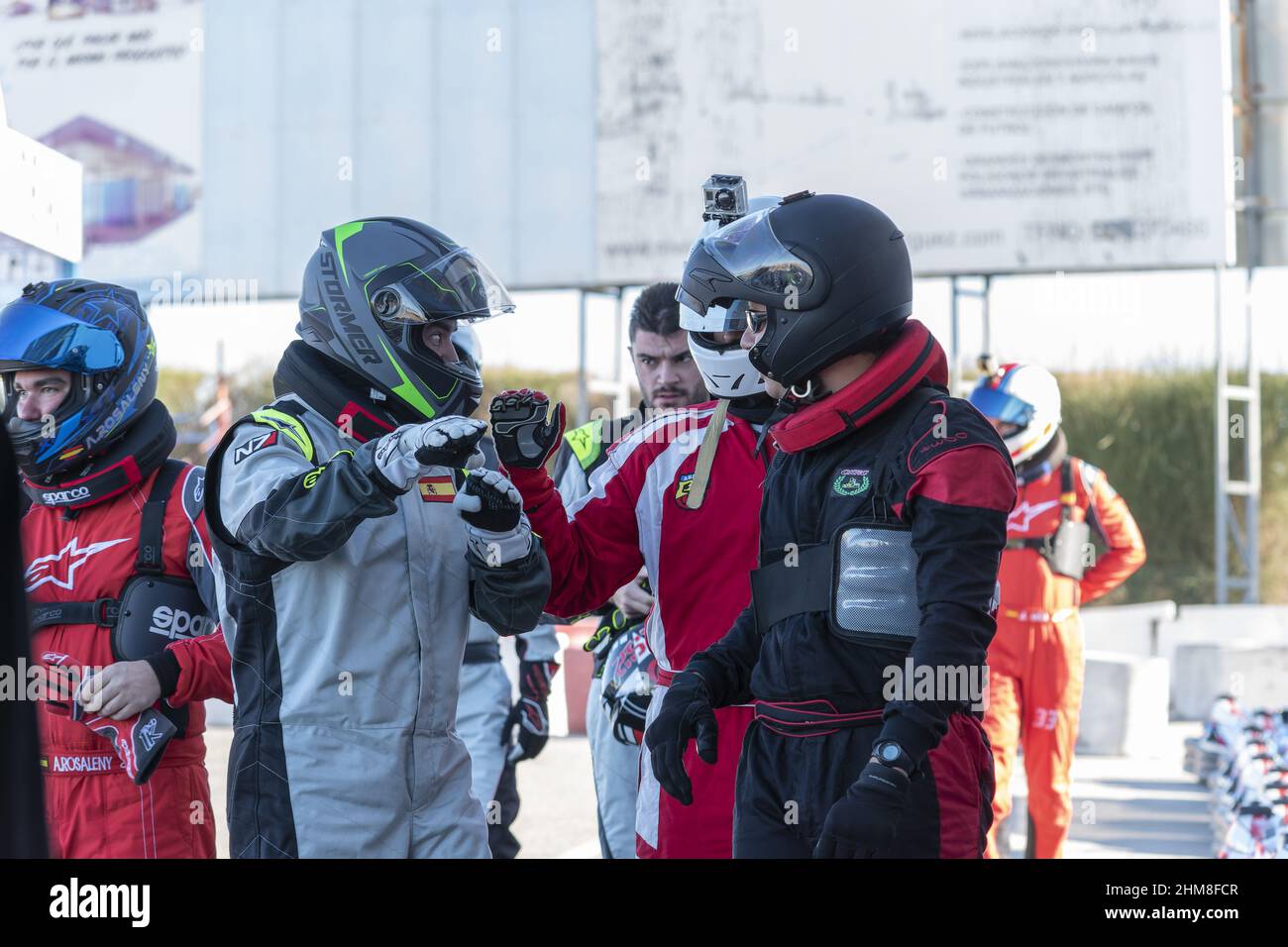 Drivers talking after the Go-carts race on karting circuit Stock Photo ...