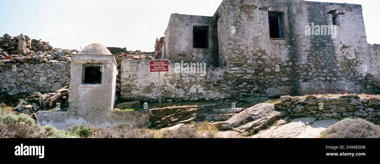 Sentry tower and buildings in the Gyaros political prison. "Suspect ...