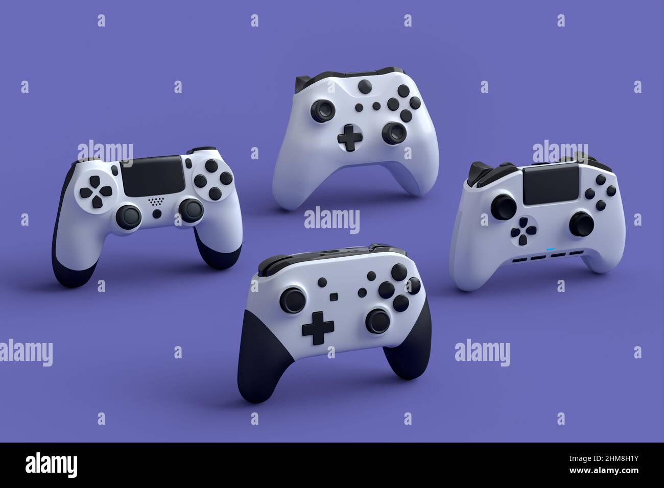 Set of standing gamer joysticks or gamepads on purple background with ...