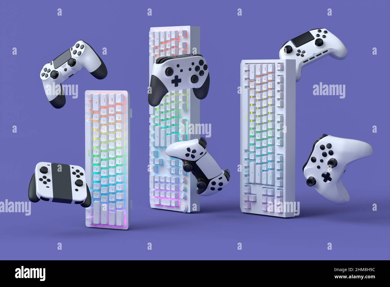 Set of flying gamer joysticks and keyboards on purple background Stock ...