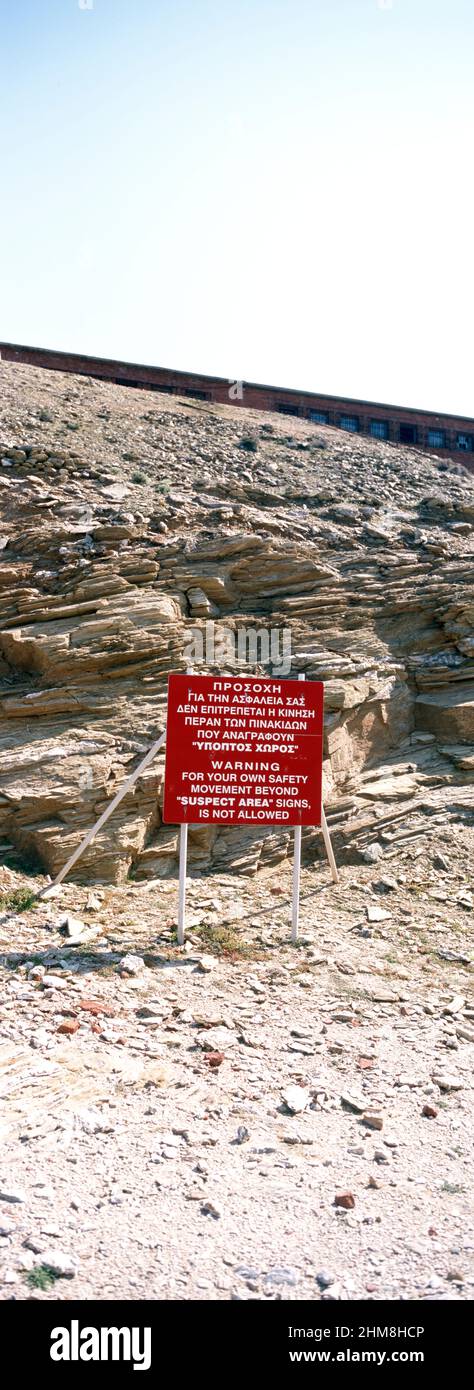 Sign warning that unexploded munitions are thoughth to be around Gyaros ...