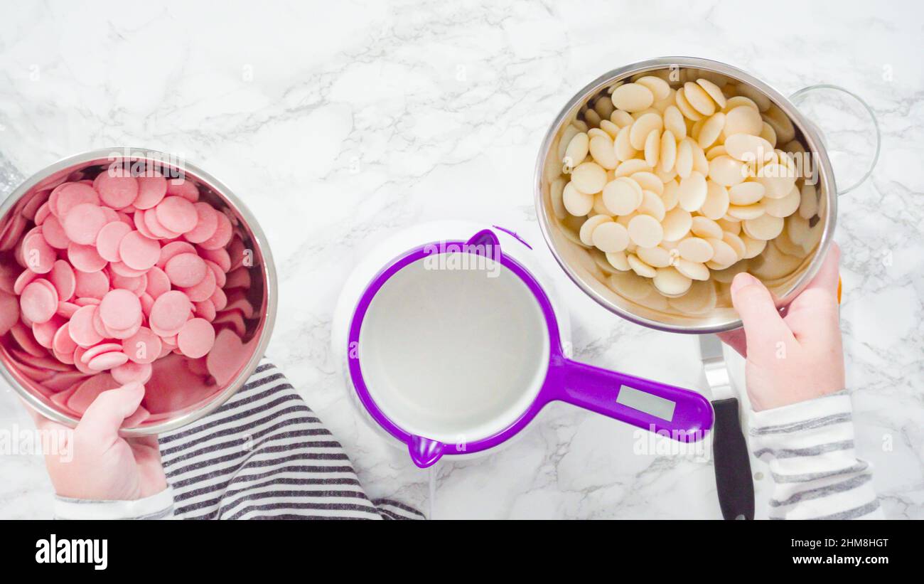 Flat lay. Step by step. Melting chocolate candy melts in an electric ...