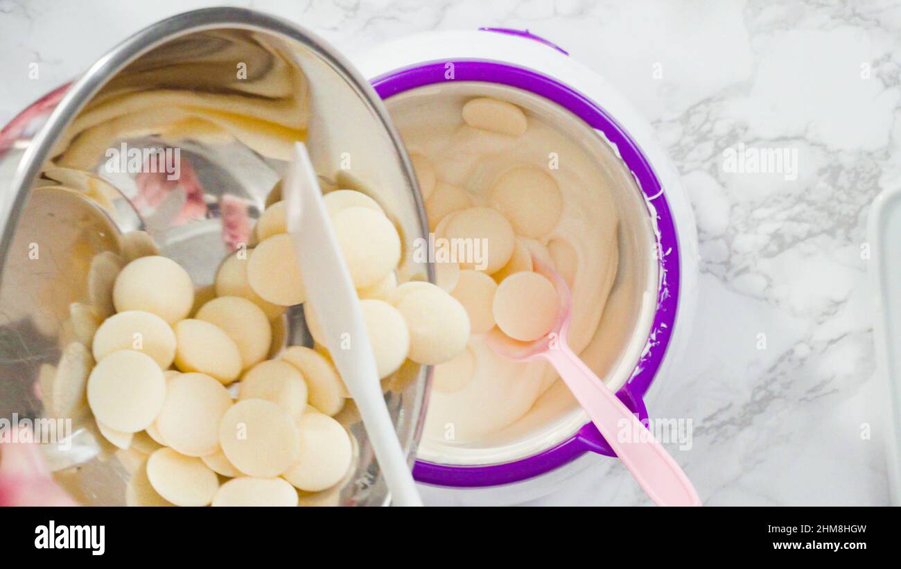 Flat lay. Step by step. Melting chocolate candy melts in an electric ...