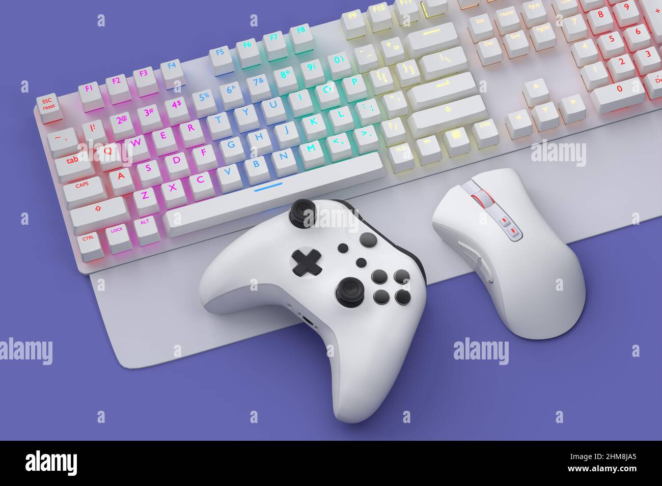 Top view of gamer workspace and gear like mouse, keyboard, joystick ...