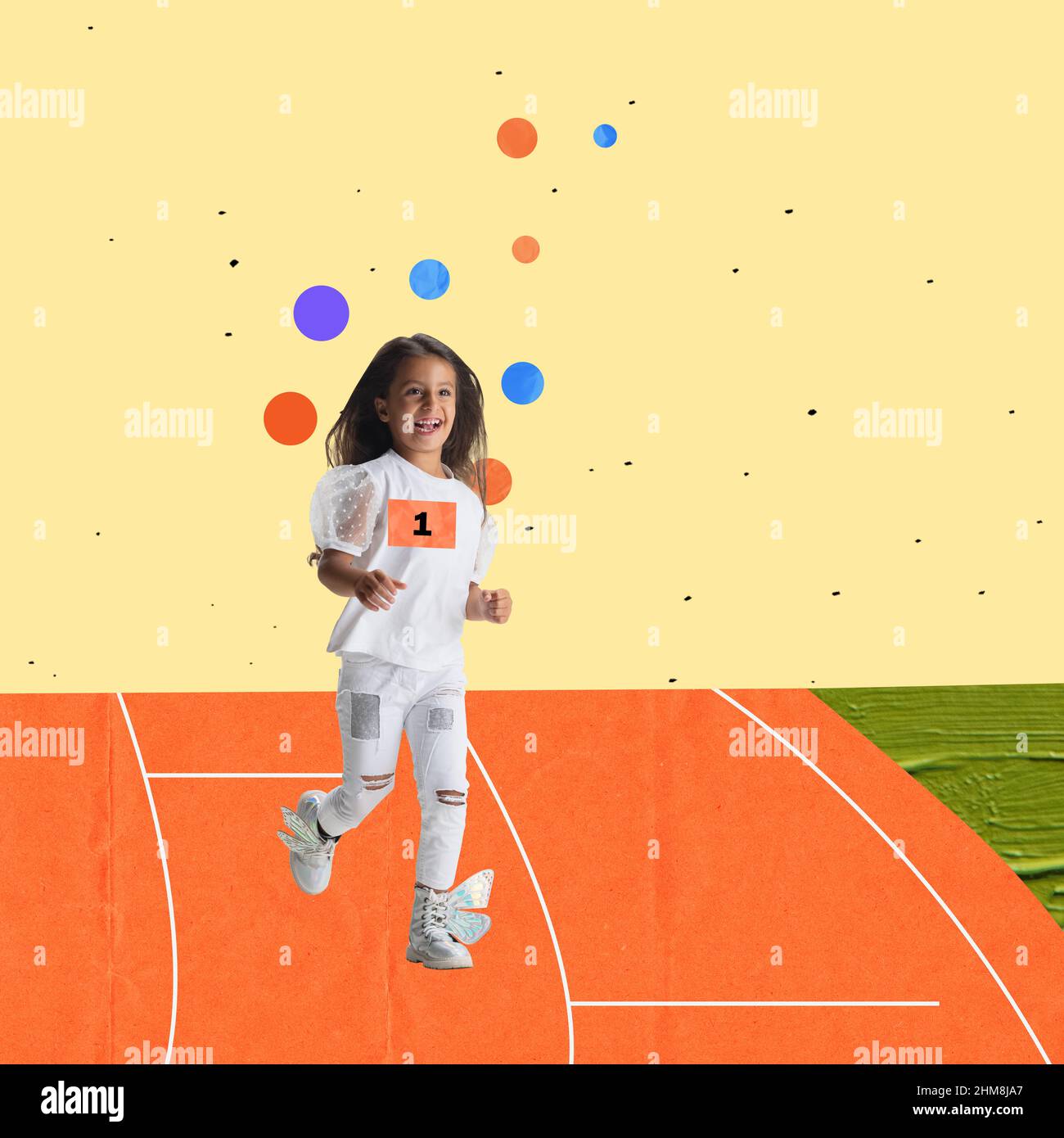 Creative design with little girl, child running on stadium ...