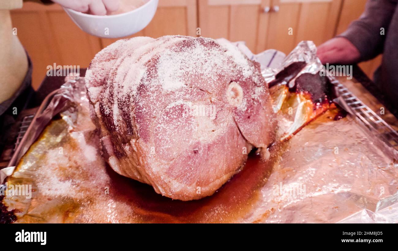 Cooking honey baked ham in a residential kitchen Stock Photo - Alamy