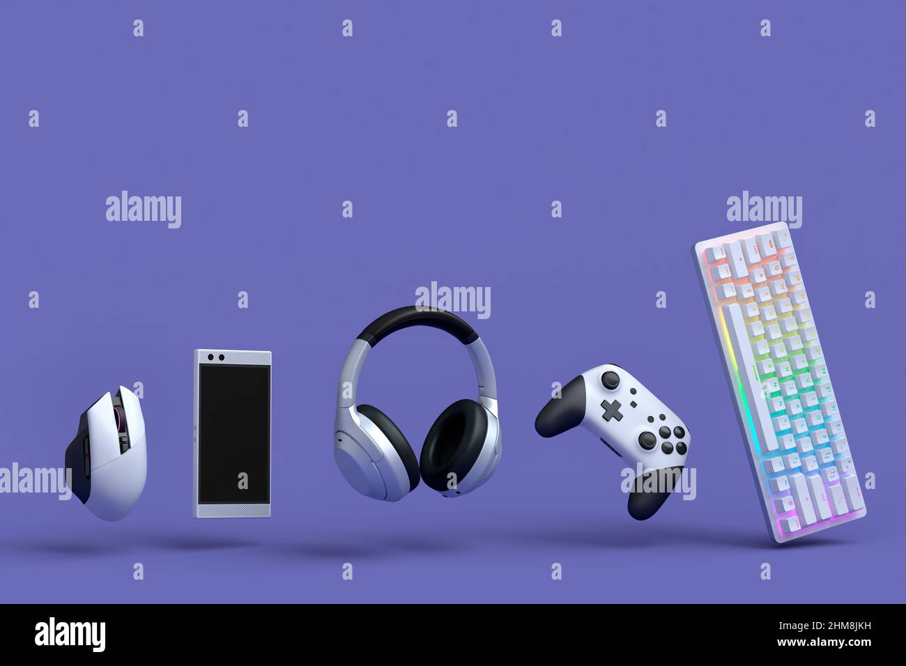 Flying gamer gears like mouse, keyboard, joystick, headset, VR Stock ...