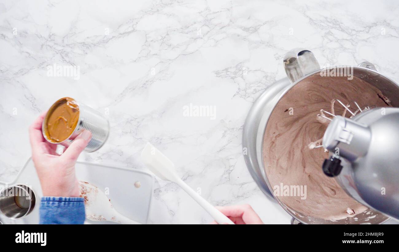 Flat lay. Step by step. Preparing homemade chocolate ice cream in a ...