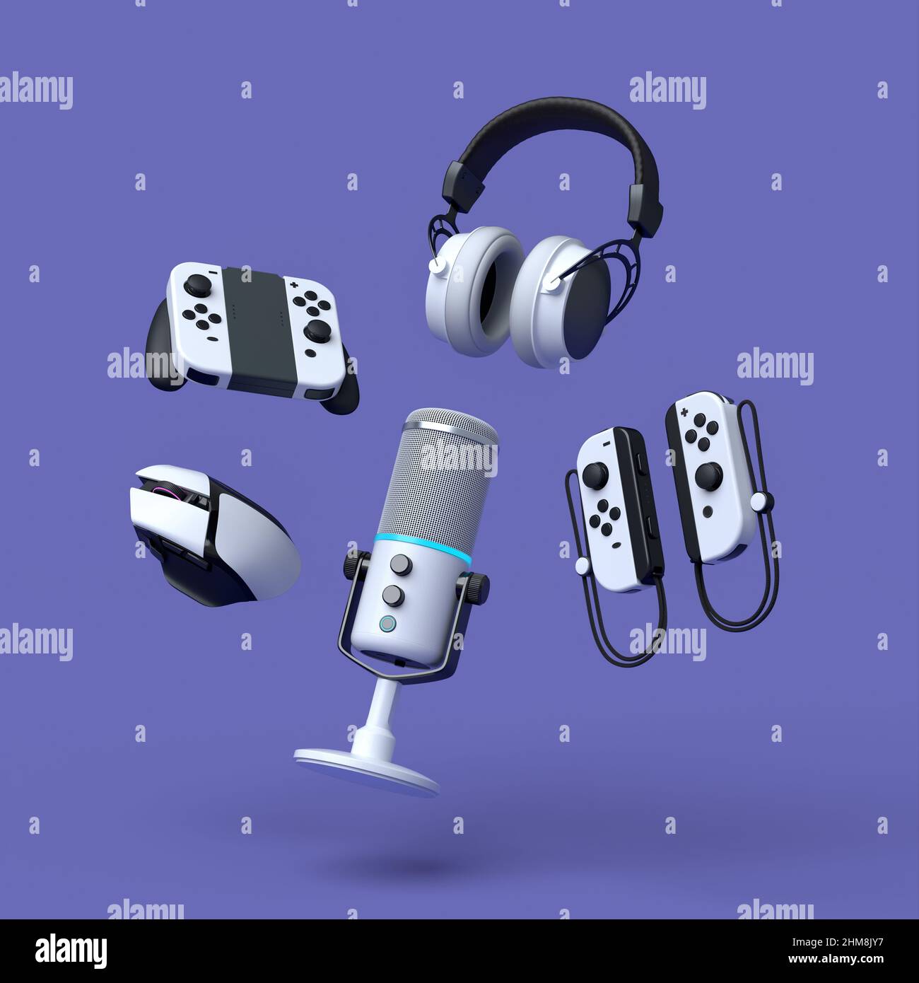 Flying gamer gears like mouse, joystick, headphones, VR glasses ...