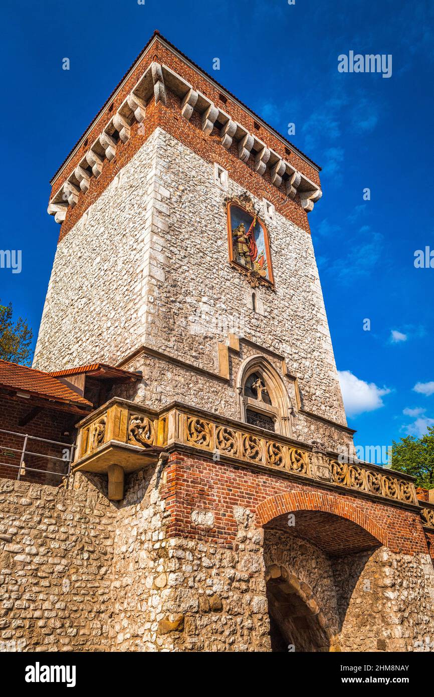 The Florian Gate, gothic tower in the historic center of Krakow town ...
