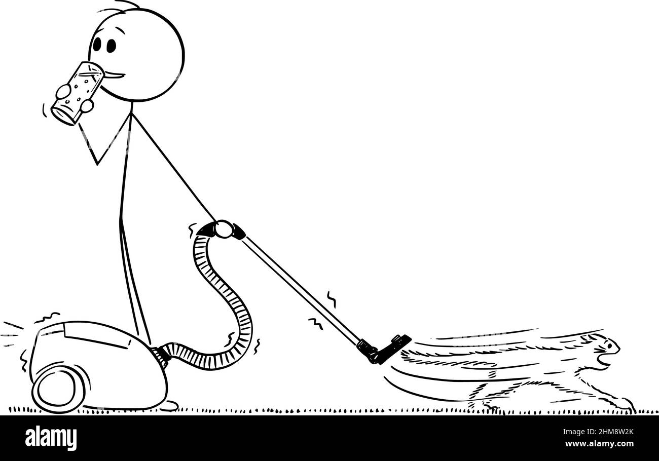 Vacuum Cleaner and Pet Cat , Vector Cartoon Stick Figure Illustration ...