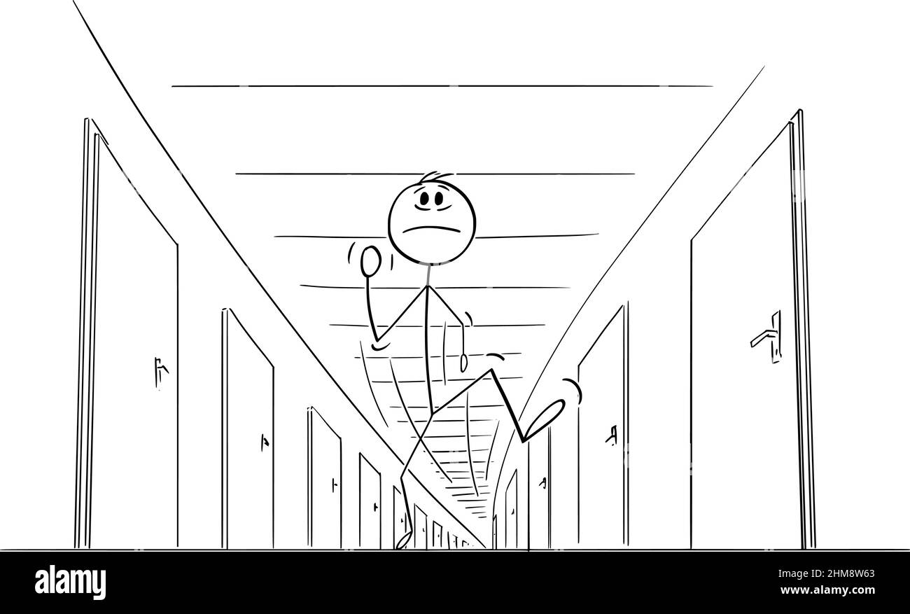 Person Running Through Endless Corridor with Door , Vector Cartoon ...