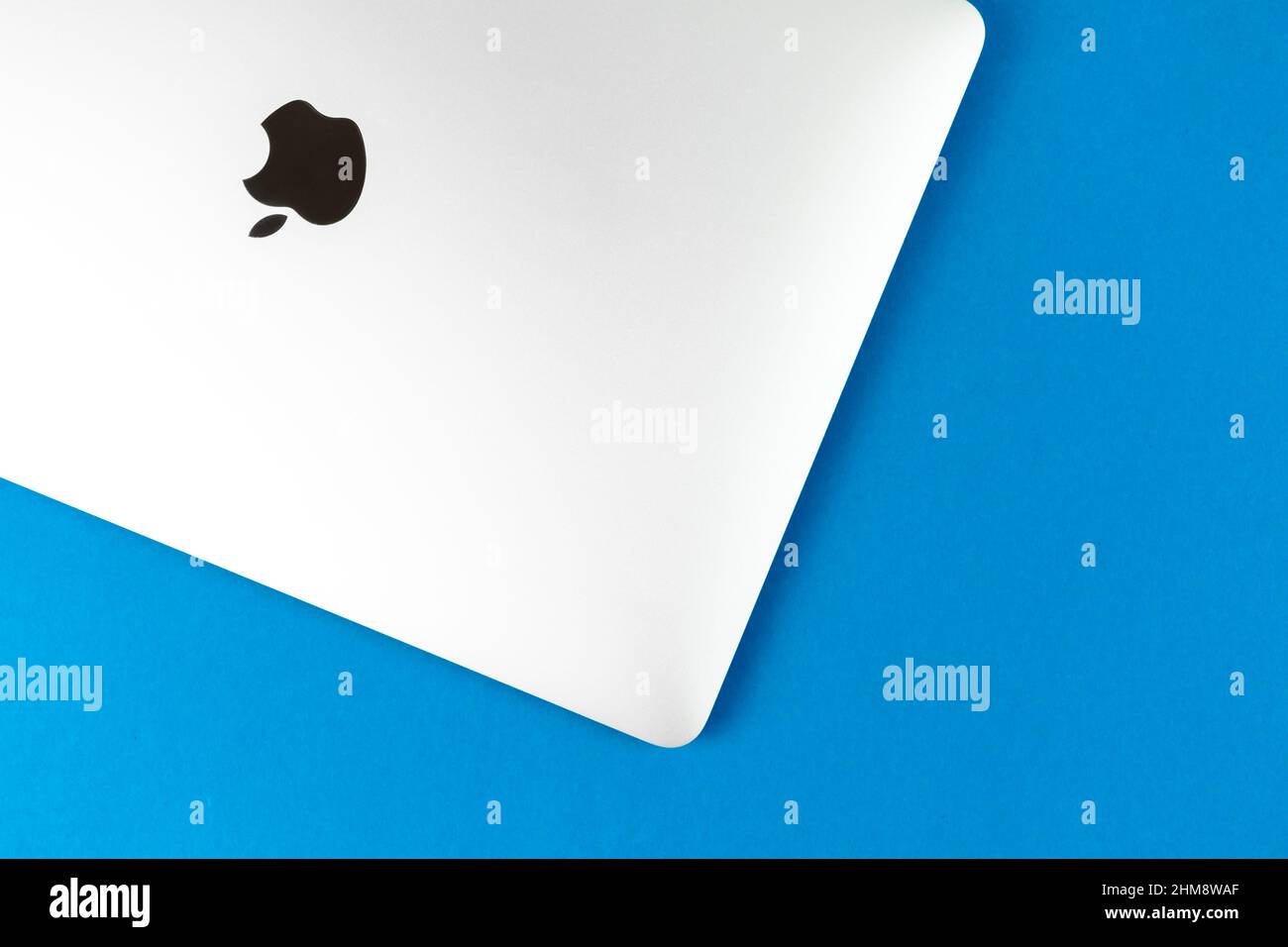 Apple Macbook on bright table background. Business and office concept ...