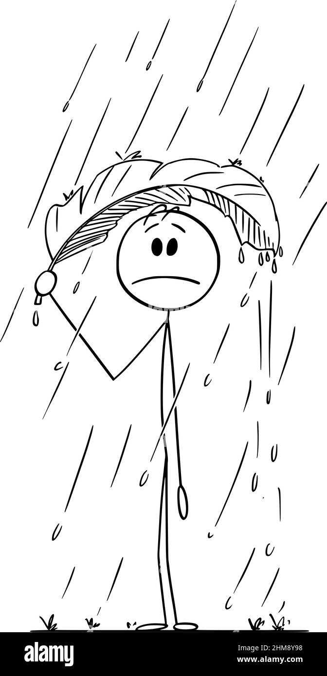 Person in Rain Hiding Under Leaf, Vector Cartoon Stick Figure ...