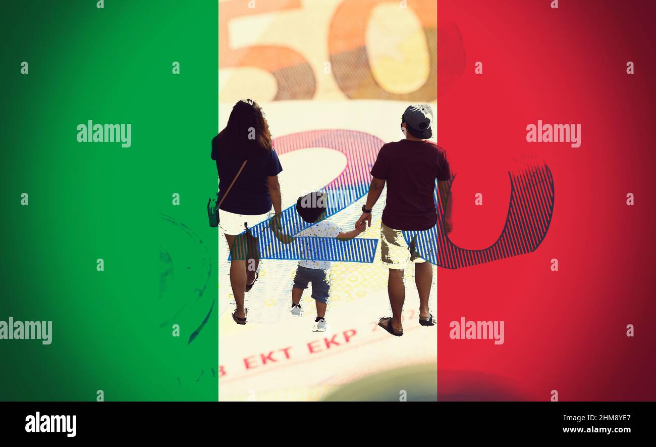 Italian flag with a family concept and Euros as background with the ...
