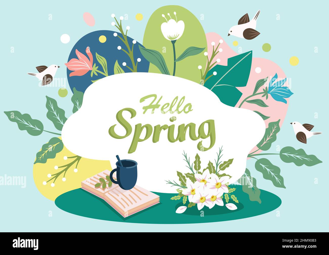 Colorful spring background with flowers, birds, a cup of tea and a book ...