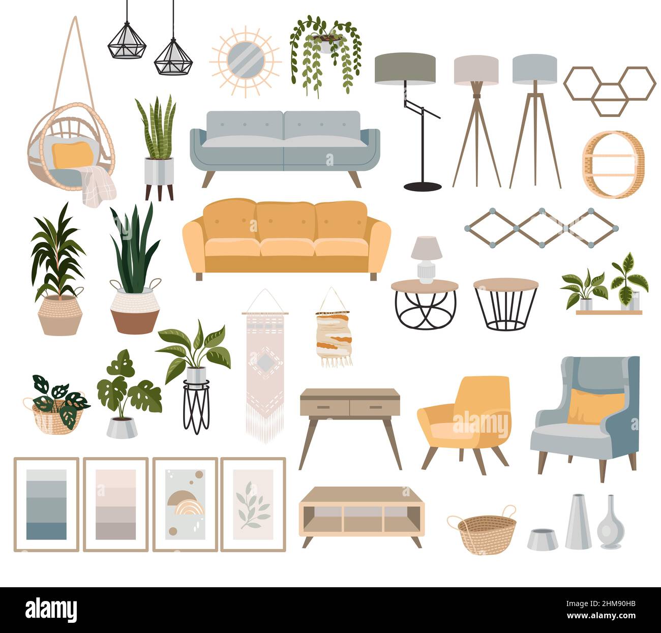 A set of furniture and decor elements. Collection of interior items for ...