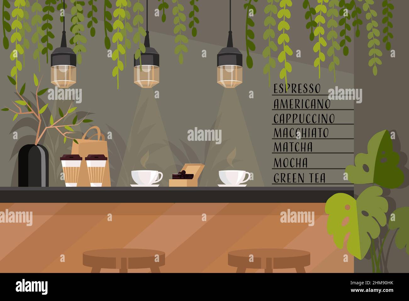 Bar counter with coffee and green plants. Cozy cafe. Vector ...