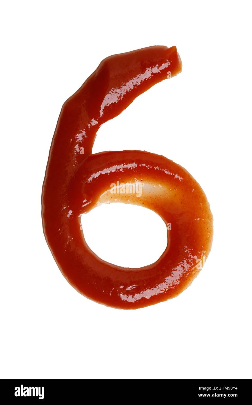 number six written with tomato ketchup isolated on white background ...