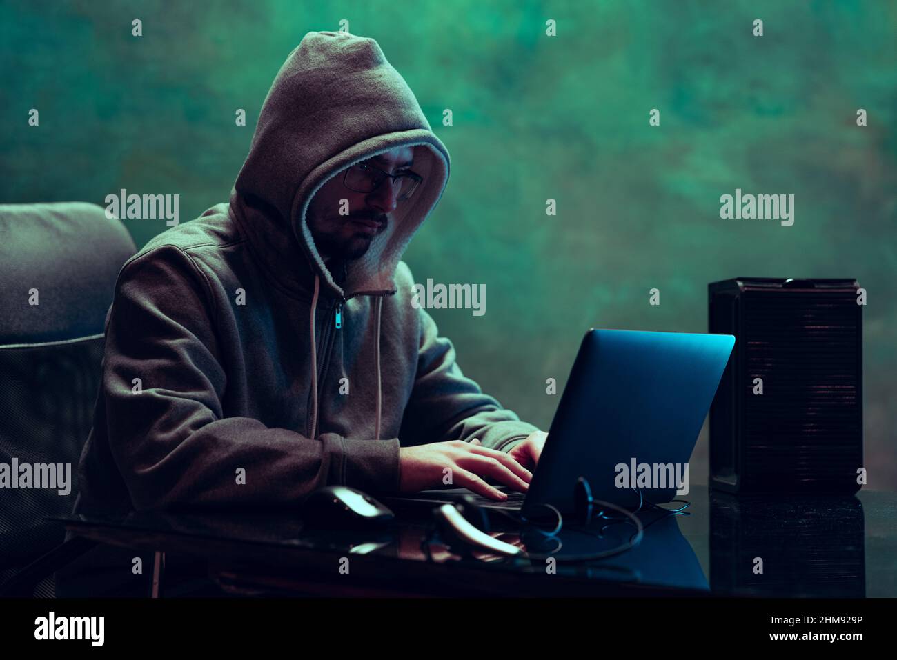 Portrait of man, professional programmer, web hacker breaking security ...