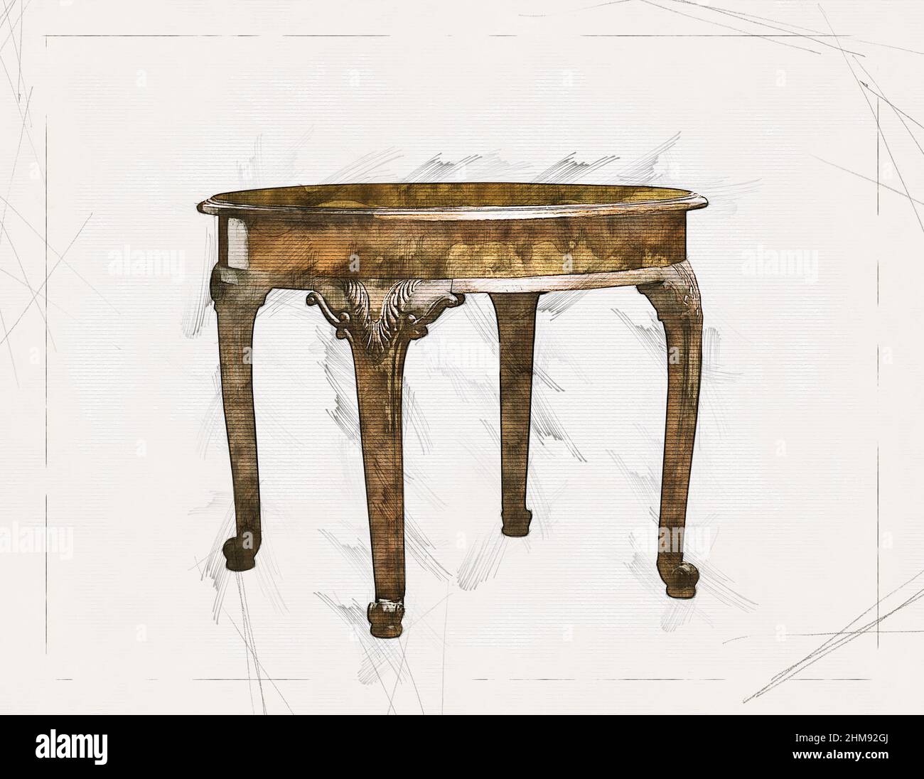 Illustration Sketch of a antique round table on stripped craft paper ...