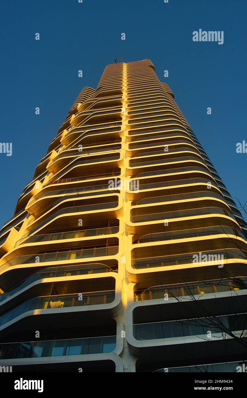 The facade of the Grand Tower, Frankfurt, Germany, in the evening light ...