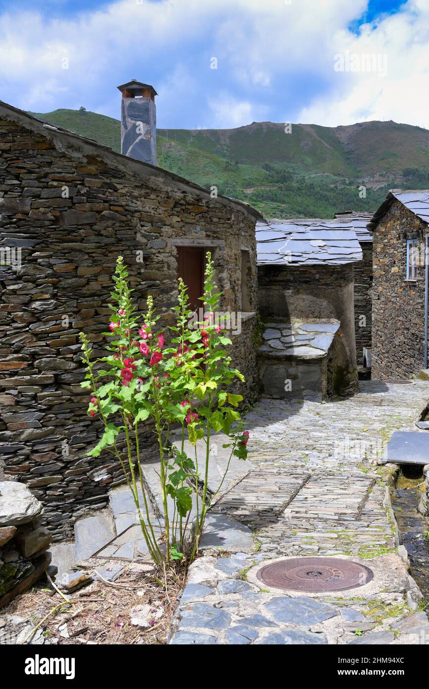 Narrow cobbled street and schist houses in the medieval mountain ...