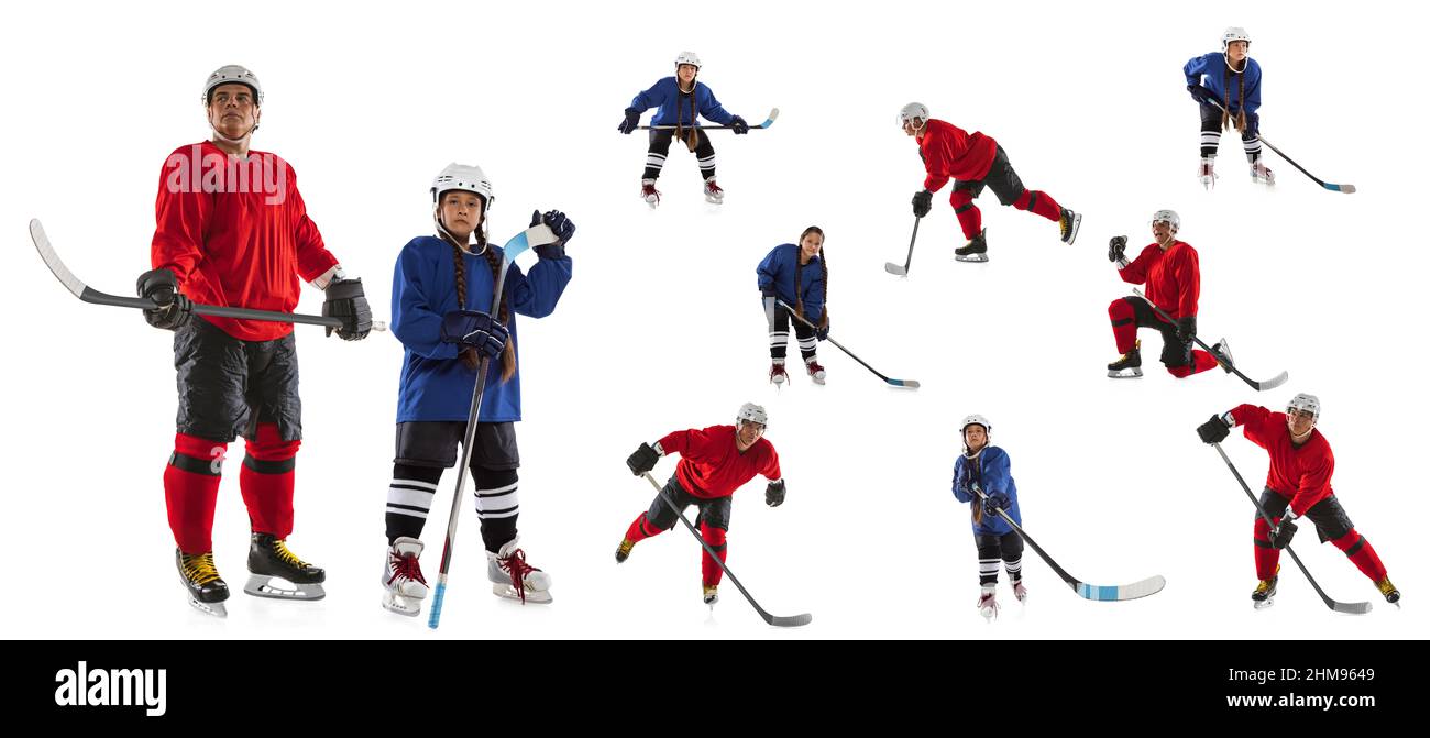 Collage ofman and girl, professional hockey players posing isolated ...