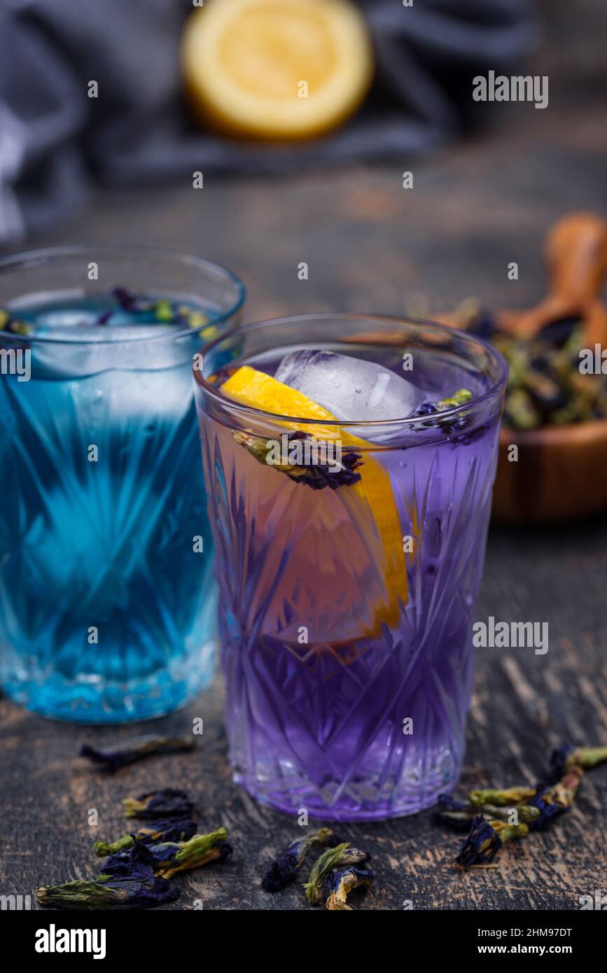 Cold blue and purple tea Butterfly pea Stock Photo - Alamy