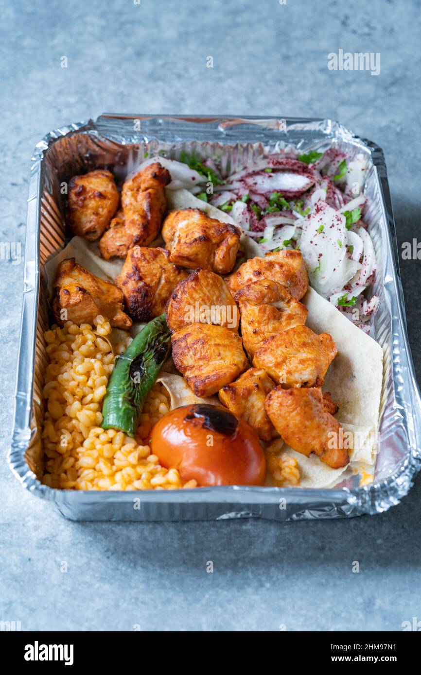 Take Away Turkish Chicken Kebab in Aluminum Foil Food Container. Take ...