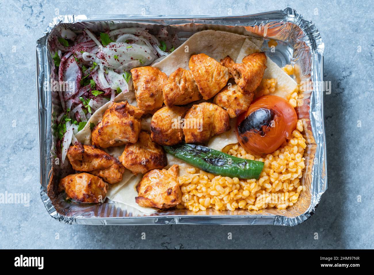 Take Away Turkish Chicken Kebab in Aluminum Foil Food Container. Take ...