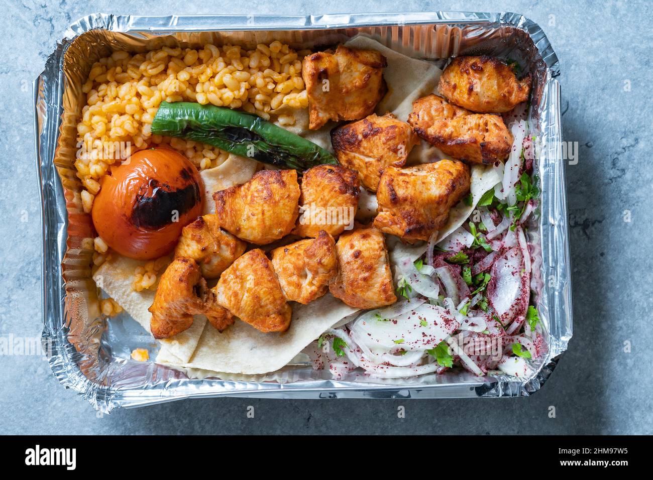 Take Away Turkish Chicken Kebab In Aluminum Foil Food Container Take Out Dish Ready To Eat And