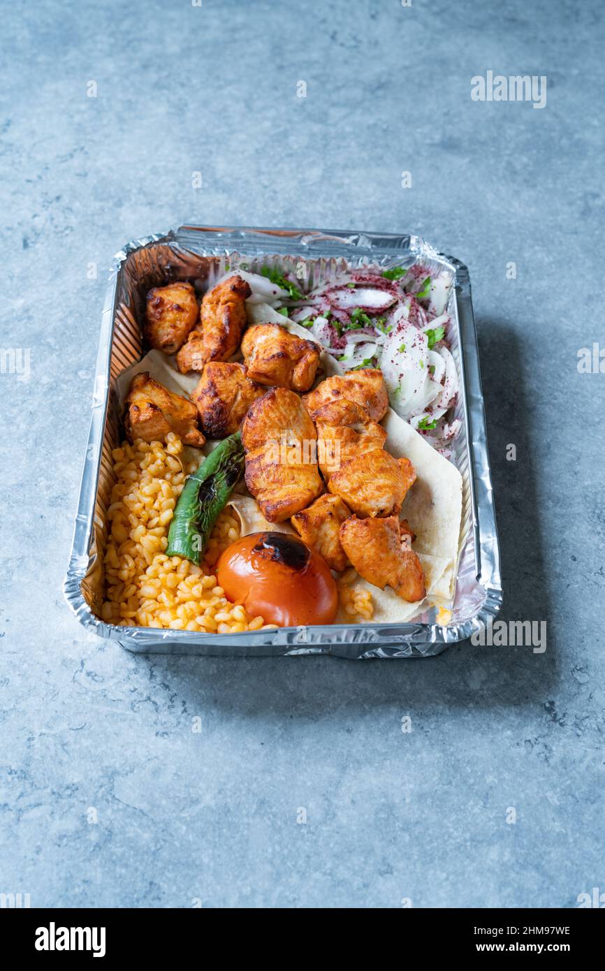 Take Away Turkish Chicken Kebab In Aluminum Foil Food Container Take Out Dish Ready To Eat And