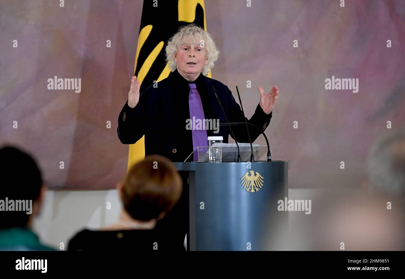 Berlin, Germany. 08th Feb, 2022. Sir Simon Rattle, conductor speaks at ...