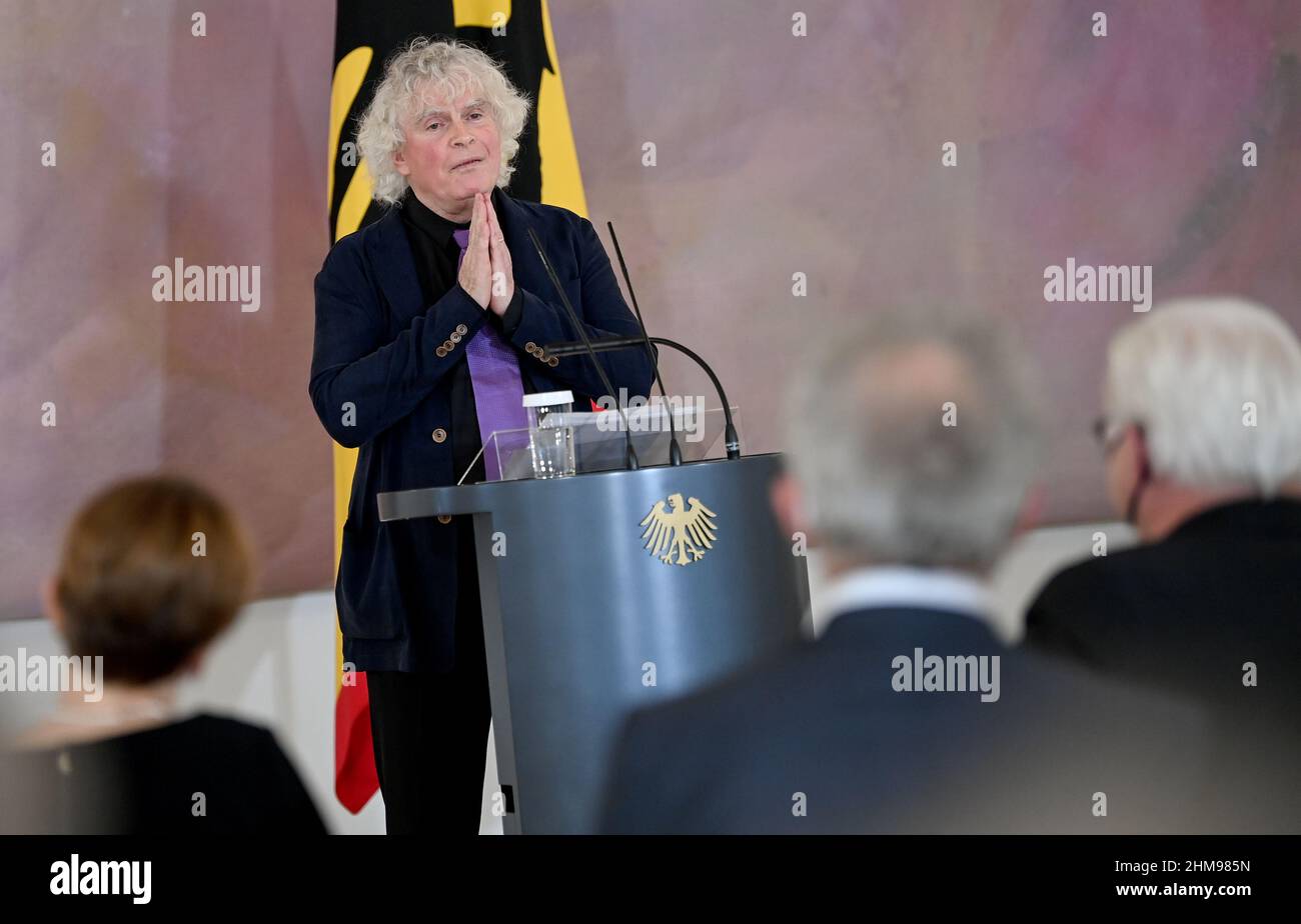 Berlin, Germany. 08th Feb, 2022. Sir Simon Rattle, conductor speaks at ...