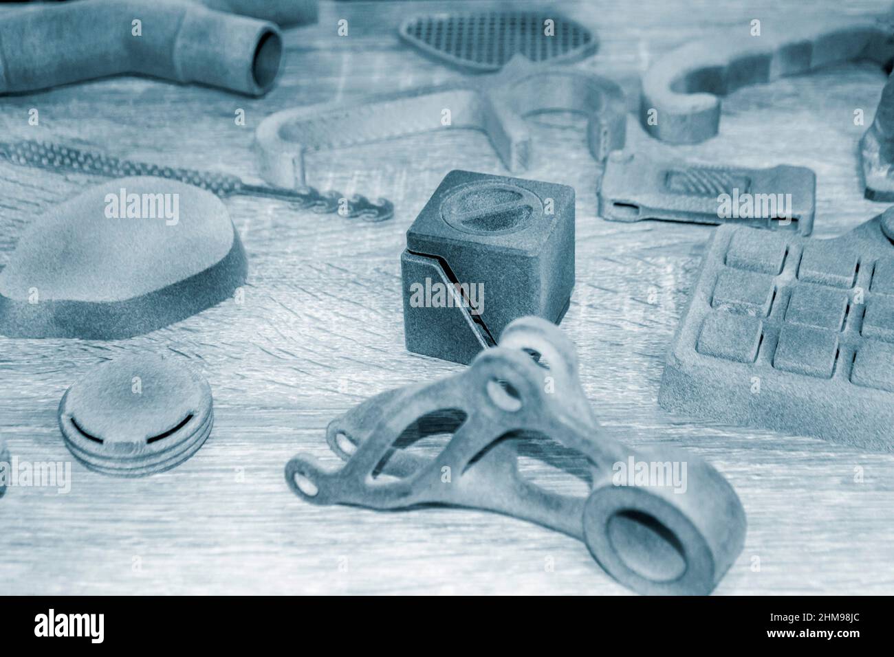 Different objects printed on industrial powder 3D printer. Multi Jet ...