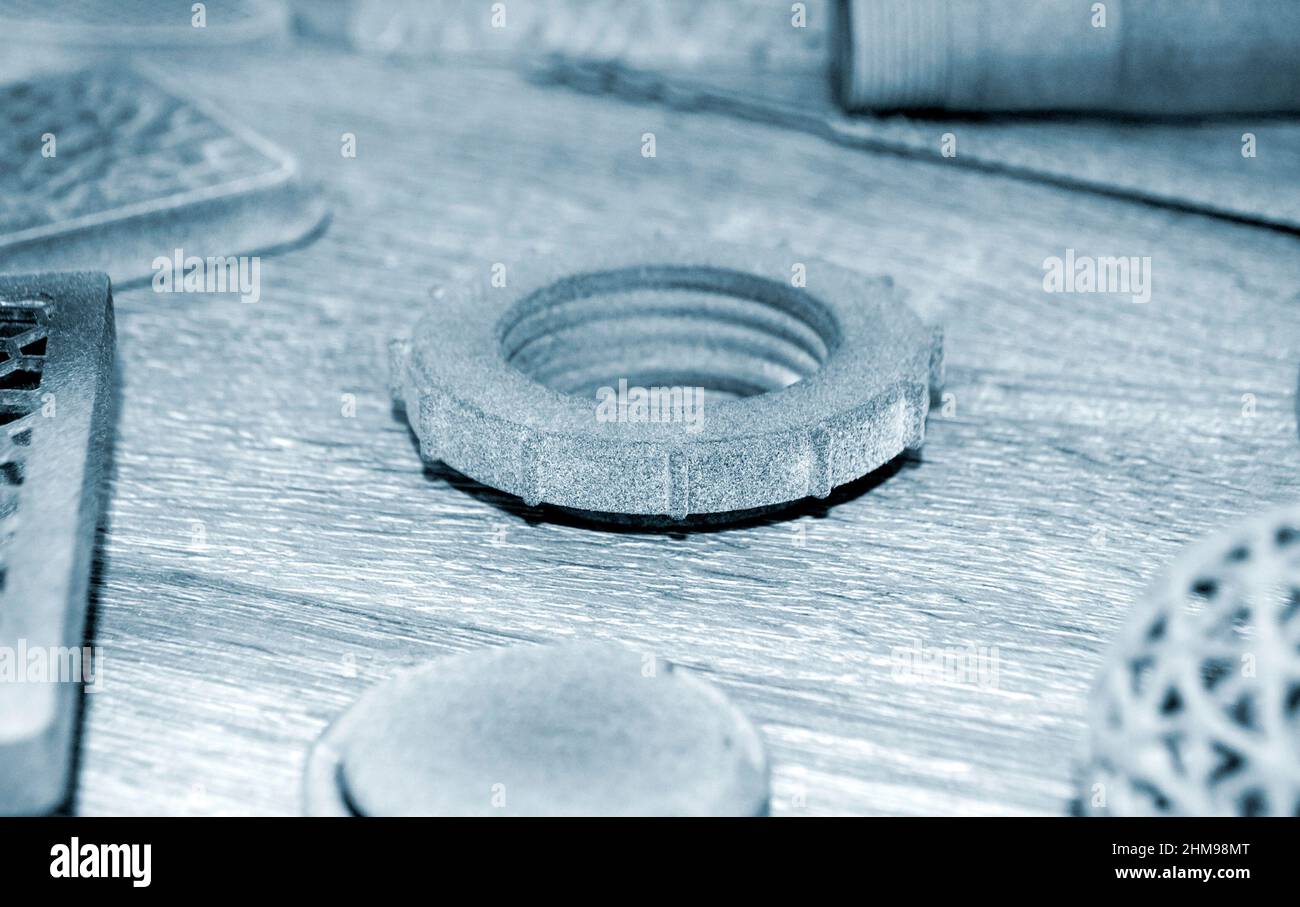 Different Gray objects printed on powder industrial 3D printer Stock ...