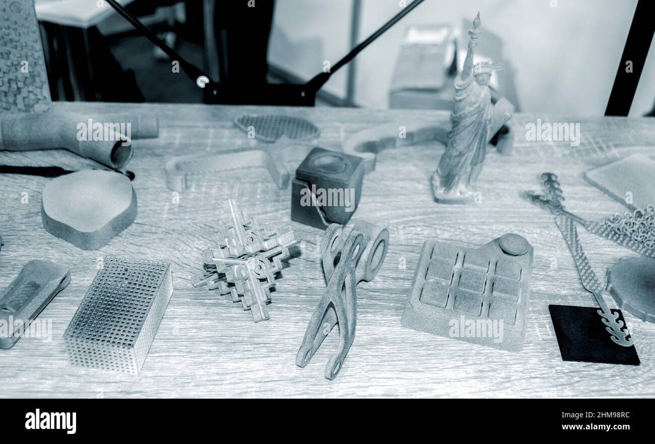 Gray abstract models printed on 3d printer from powder close-up. 3D ...