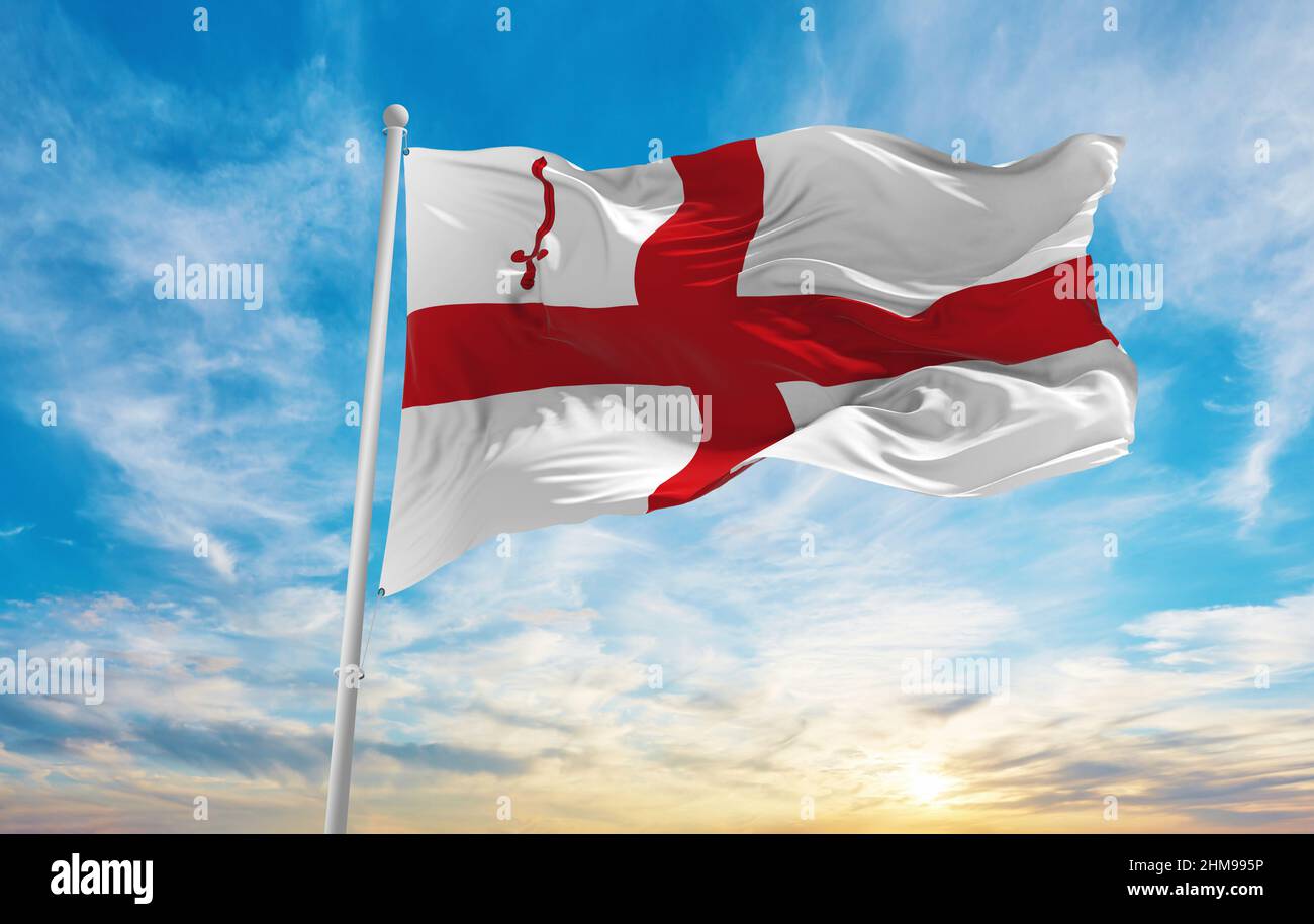 flag of London , UK at cloudy sky background on sunset, panoramic view ...